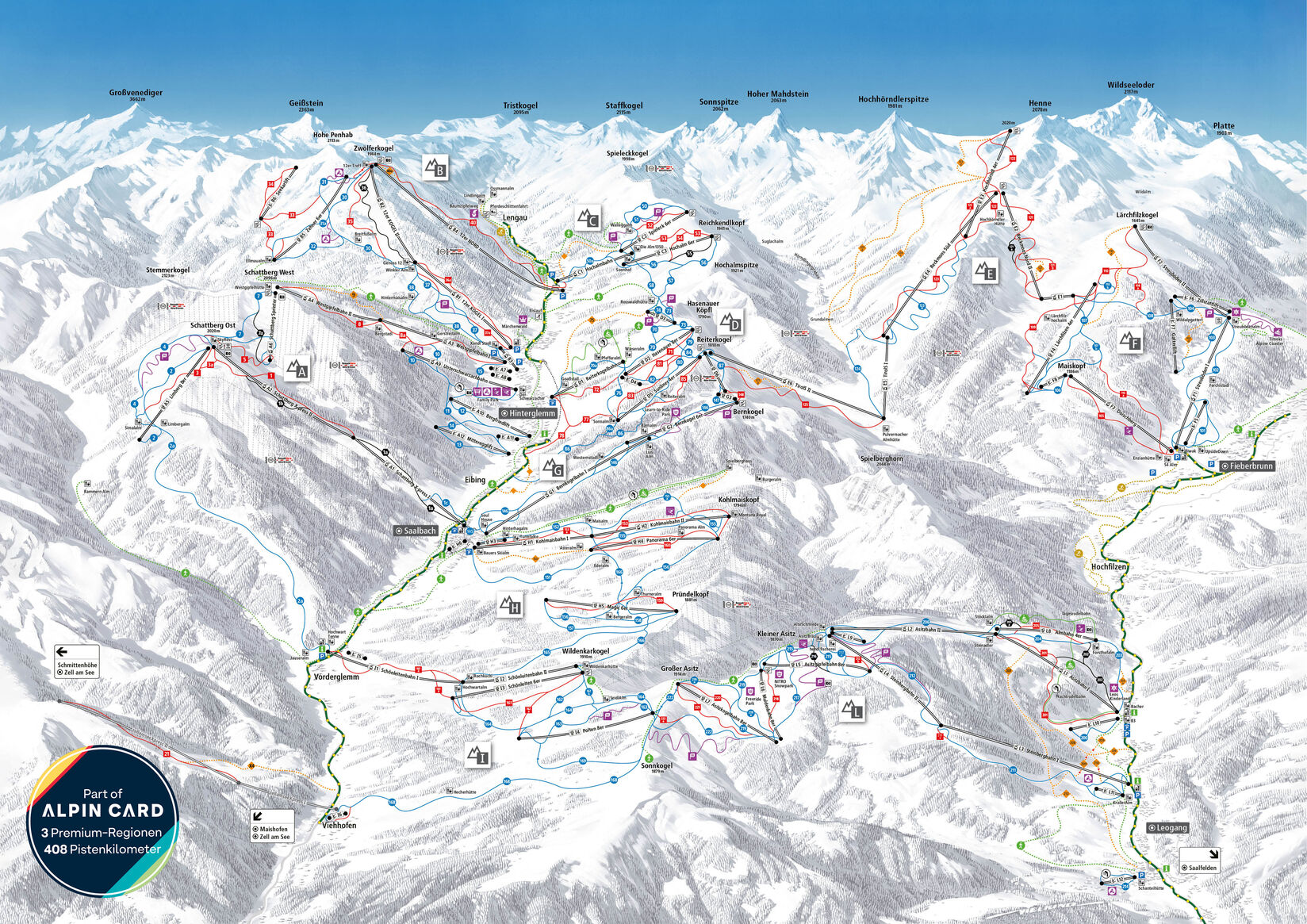 BERGFEX: Pistenplan Leogang / Saalbach Hinterglemm Fieberbrunn ...