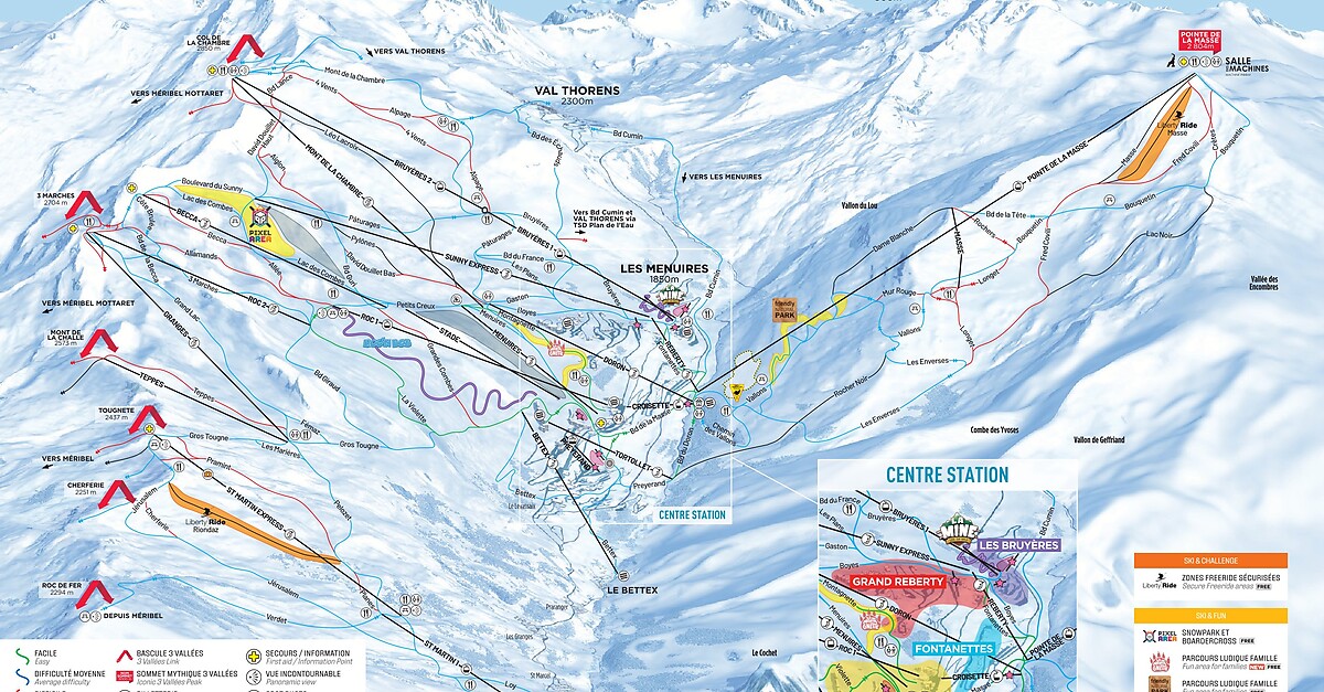 BERGFEX: Plan de piste Les Menuires / Les 3 Vallées - Carte panoramique ...