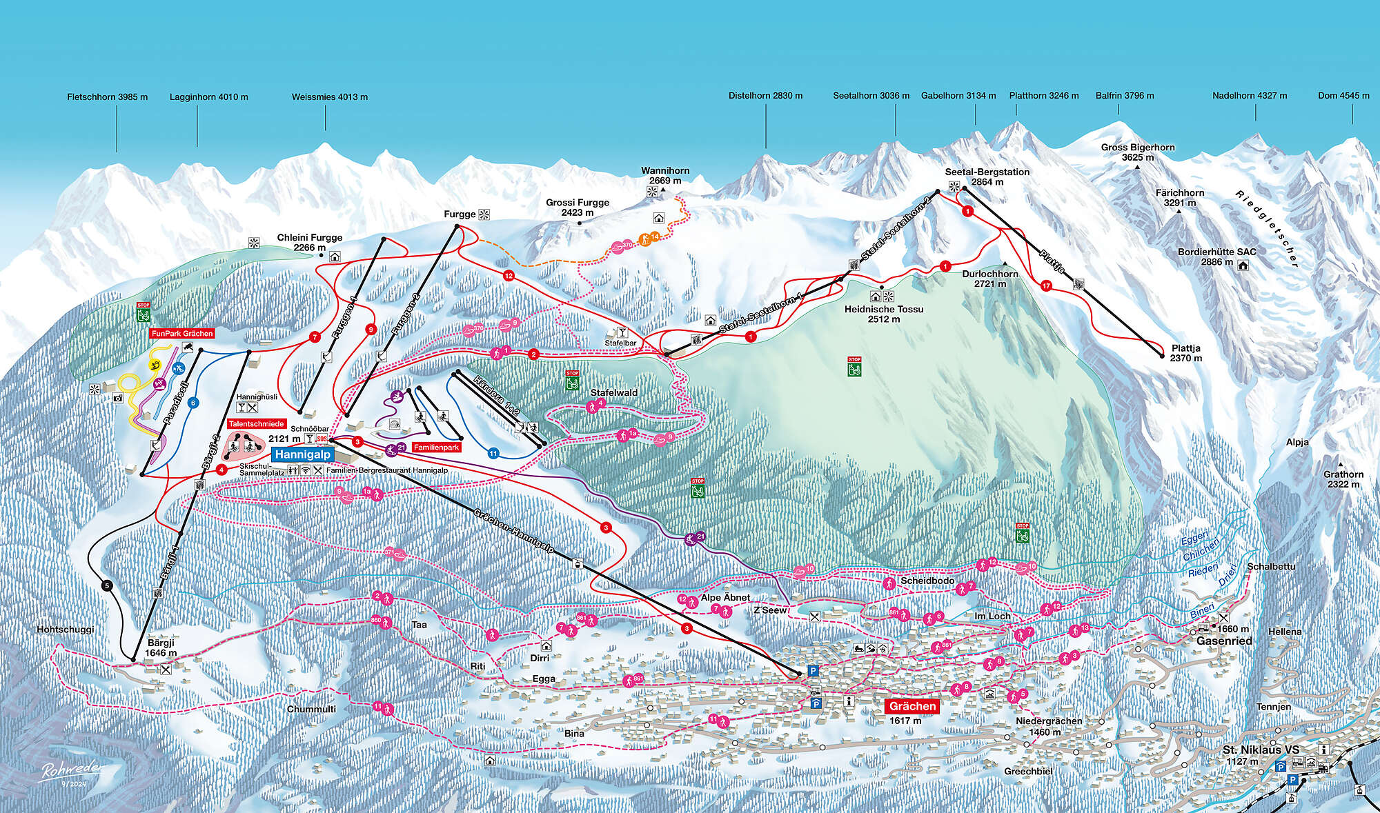 BERGFEX: Pistenplan Grächen - Panoramakarte Grächen - Karte Grächen