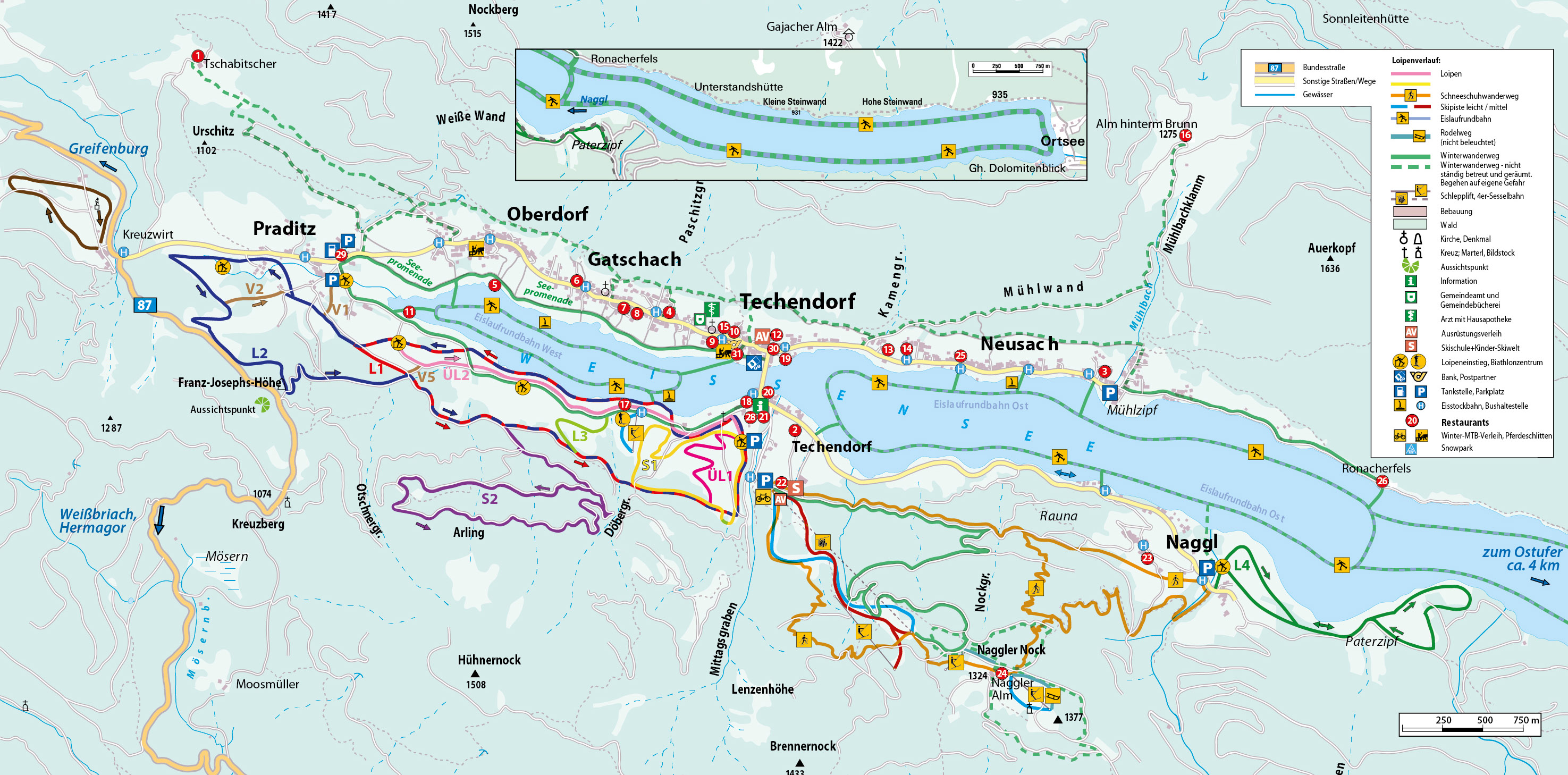 BERGFEX: Plan des pistes Weissensee: Ski de fond Weissensee