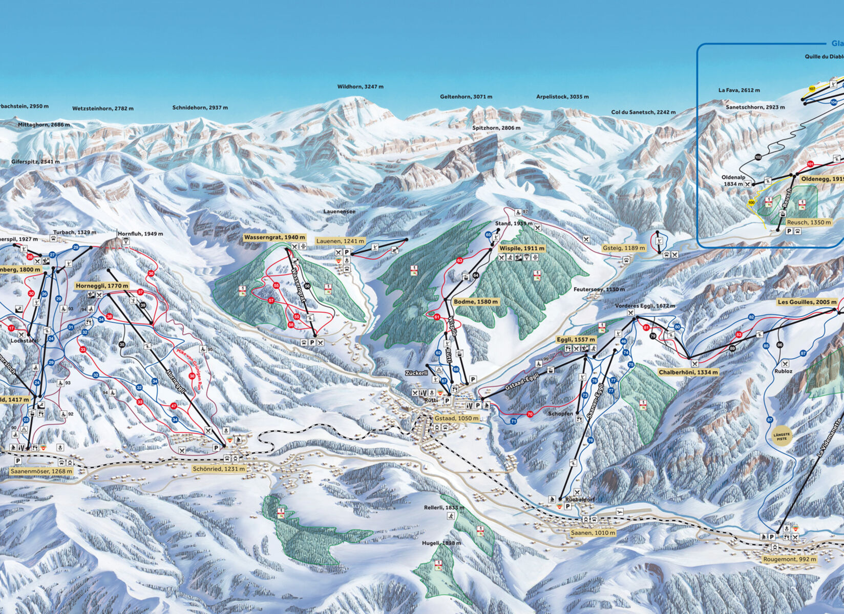 BERGFEX: Piste map Gstaad - Panoramic map Gstaad - Map Gstaad